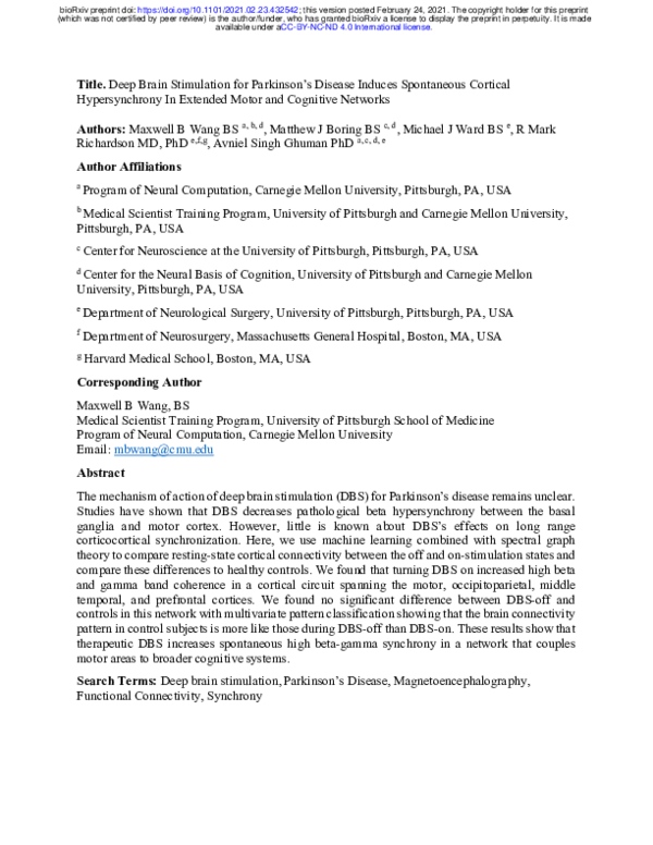 (PDF) Deep Brain Stimulation for Parkinson’s Disease Induces ...