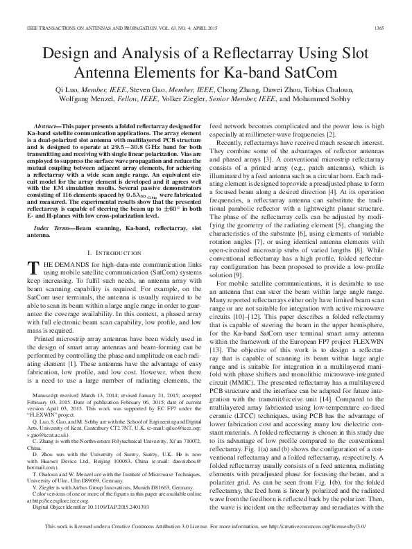 (PDF) Design and Analysis of a Reflectarray Using Slot Antenna Elements for Ka-band SatCom