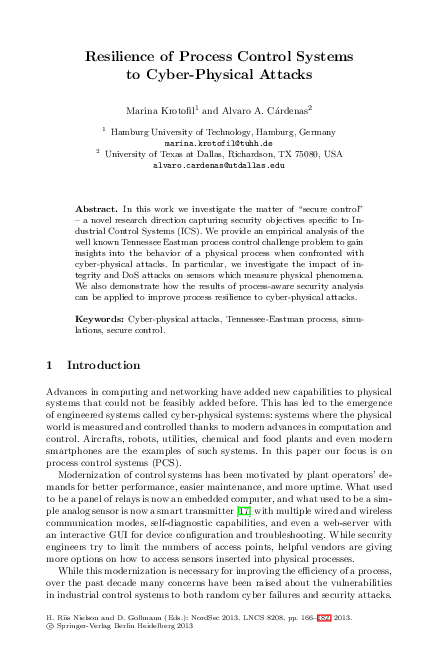 (PDF) Resilience of Process Control Systems to Cyber-Physical Attacks