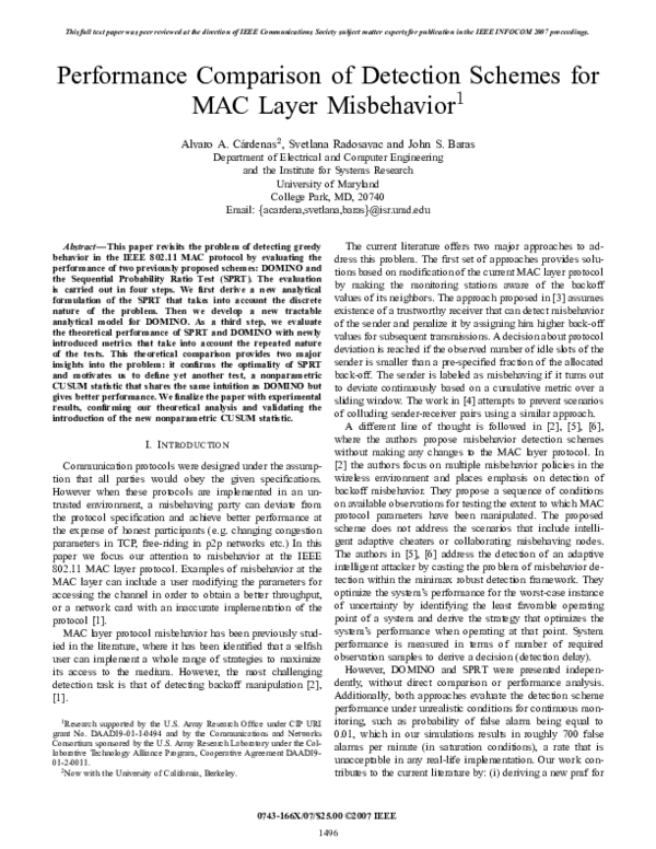 (PDF) Performance Comparison of Detection Schemes for MAC Layer Misbehavior | Alvaro Cardenas ...