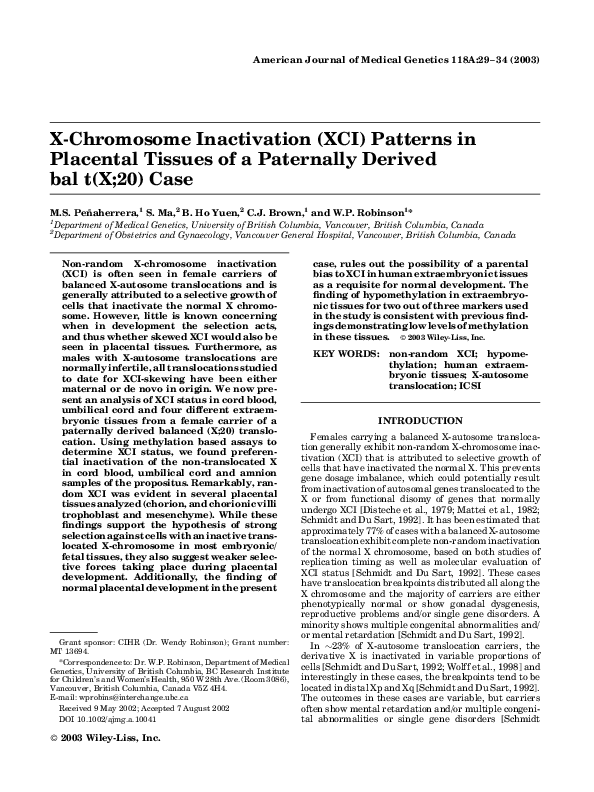 Pdf X Chromosome Inactivation Xci Patterns In Placental Tissues Of