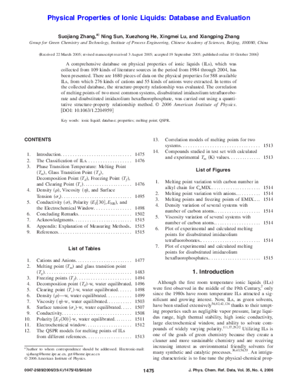 Pdf Physical Properties Of Ionic Liquids Database And Evaluation