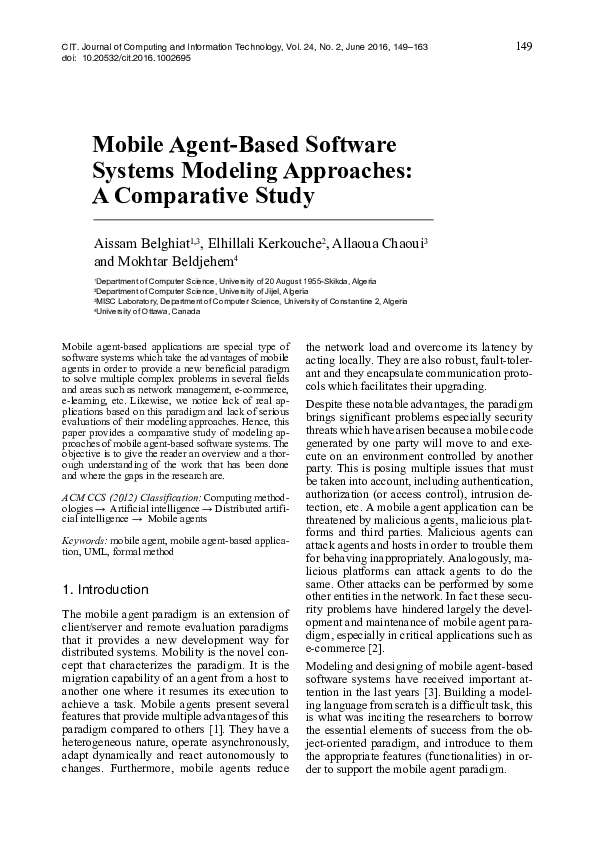 (PDF) Mobile Agent-Based Software Systems Modeling Approaches: A Comparative Study