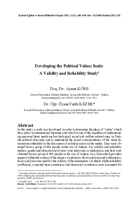 (PDF) Developing the Political Values Scale: A Validity and Reliability Study