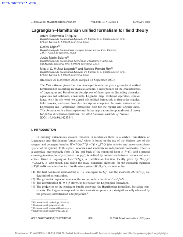 (PDF) Lagrangian–Hamiltonian unified formalism for field theory