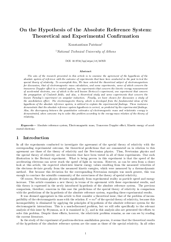 (PDF) On the Hypothesis of the Absolute Reference System: Theoretical ...