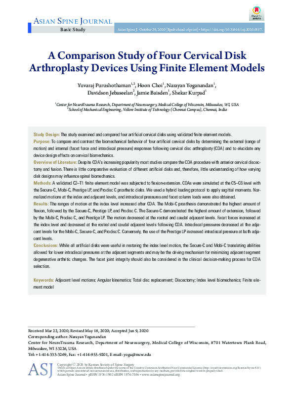 (PDF) A Comparison Study of Four Cervical Disk Arthroplasty Devices ...