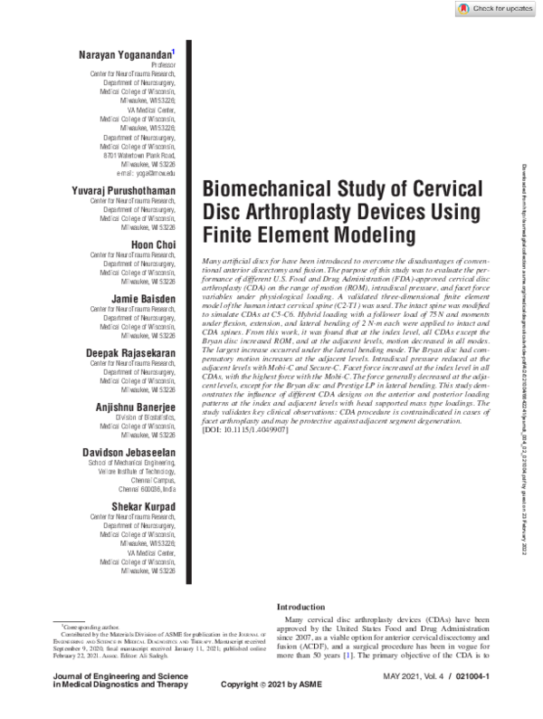 (PDF) Biomechanical Study of Cervical Disc Arthroplasty Devices Using Finite Element Modeling
