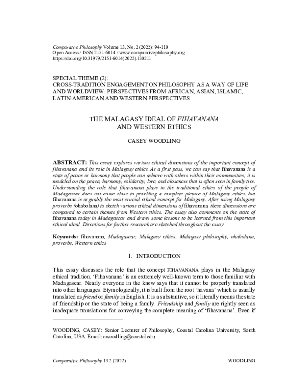 (PDF) The Malagasy Ideal of Fihavanana and Western Ethics