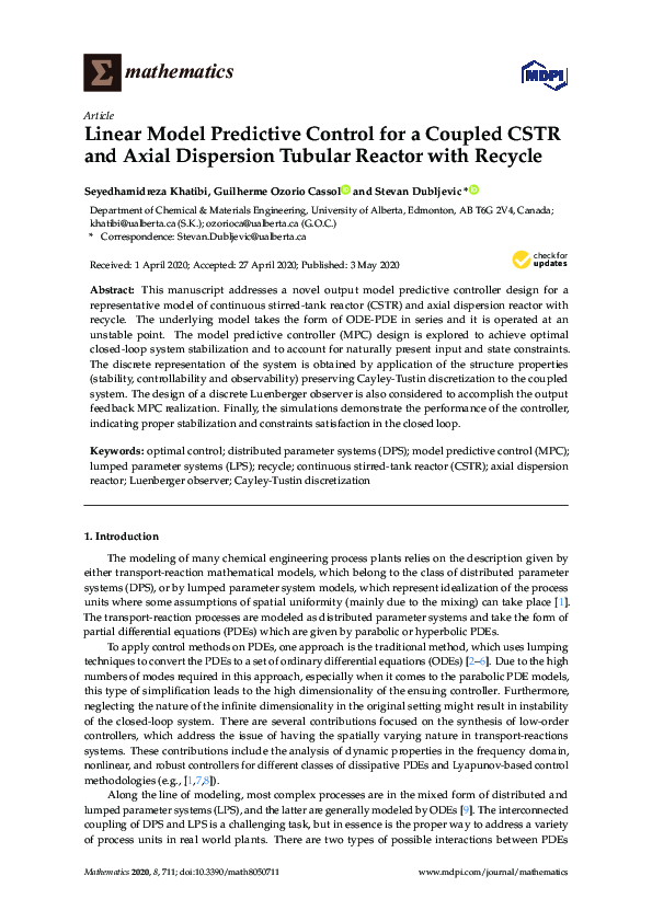 (PDF) Linear Model Predictive Control for a Coupled CSTR and Axial Dispersion Tubular Reactor ...