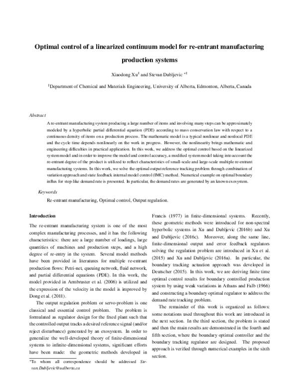 (PDF) Optimal control of a linearized continuum model for re-entrant manufacturing production ...
