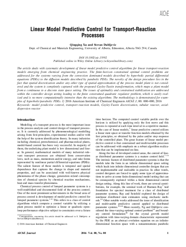 (PDF) Linear model predictive control for transport-reaction processes