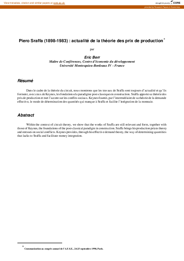 (PDF) Piero Sraffa (1898-1983): actualité de la théorie des prix de ...