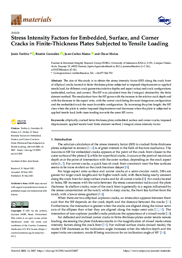 (PDF) Stress Intensity Factors for Embedded, Surface, and Corner Cracks in Finite-Thickness ...