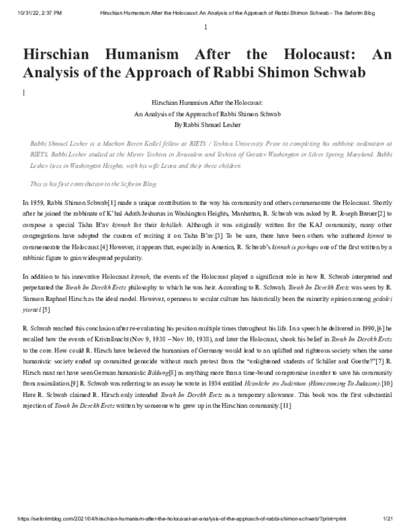 (PDF) Shmuel Lesher, "Hirschian Humanism After the Holocaust: An ...