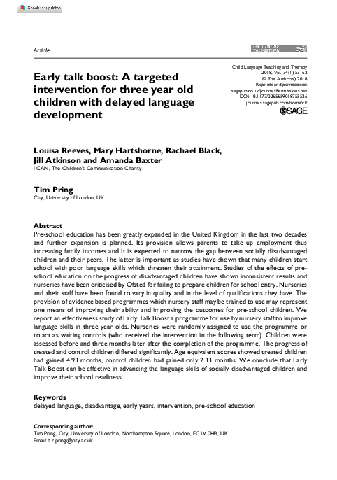 (PDF) Early talk boost: A targeted intervention for three year old ...