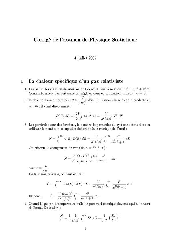 (PDF) Corrigé de l'examen de Physique Statistique