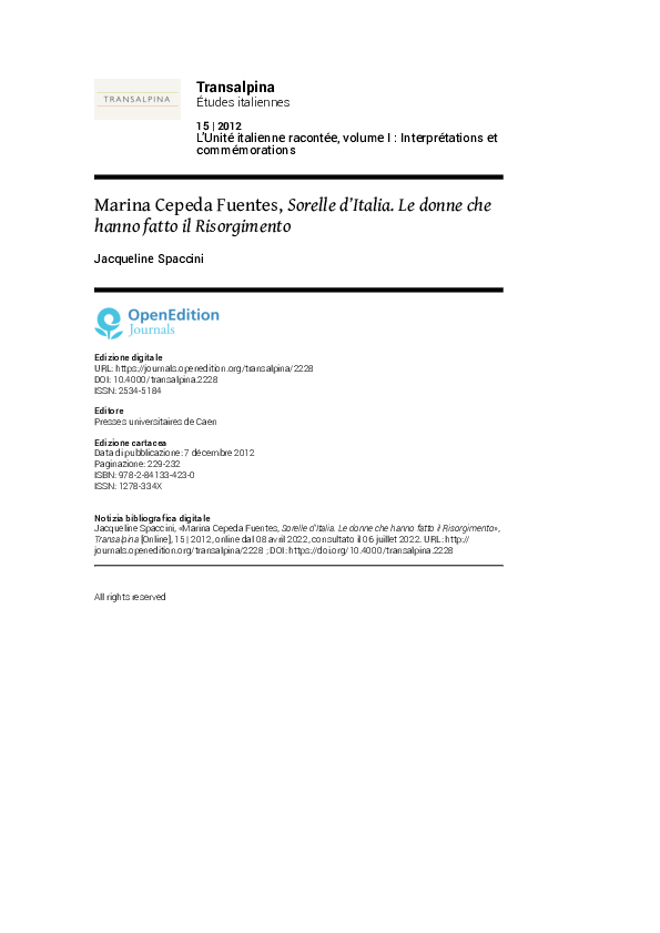 (PDF) Marina Cepeda Fuentes, Sorelle d’Italia. Le donne che hanno fatto ...
