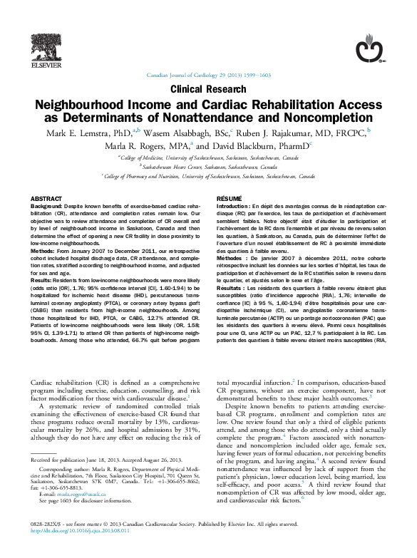 (PDF) Neighbourhood Income and Cardiac Rehabilitation Access as ...