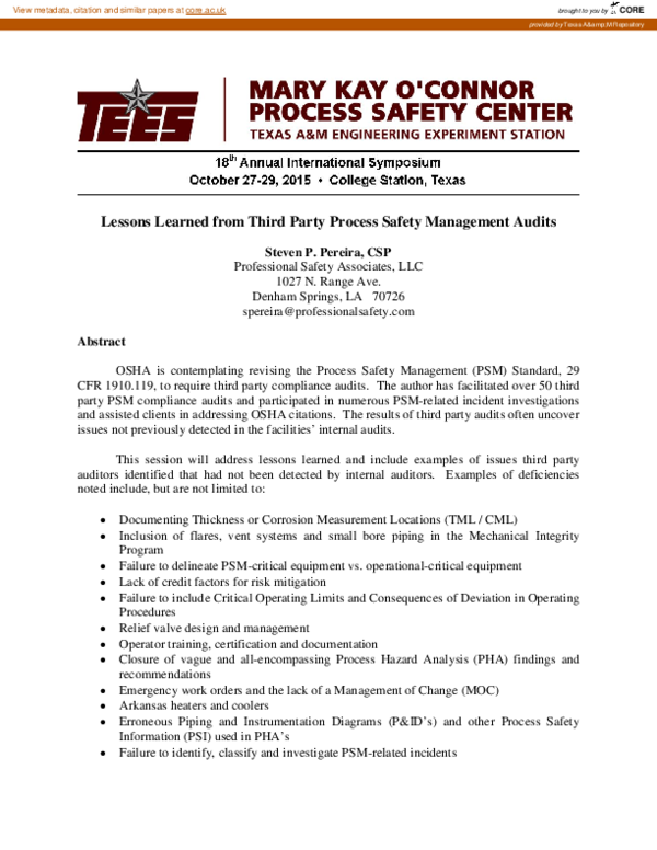(PDF) Lessons Learned from Third Party Process Safety Management Audits