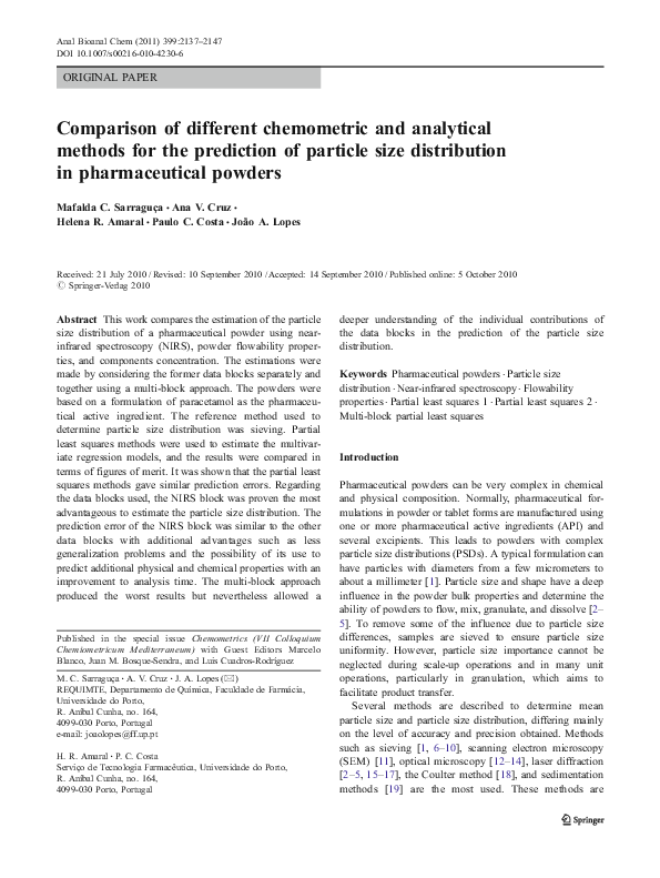 (PDF) Comparison of different chemometric and analytical methods for the prediction of particle ...
