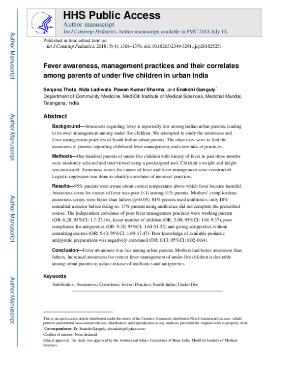 Pdf Fever Awareness Management Practices And Their Correlates Among