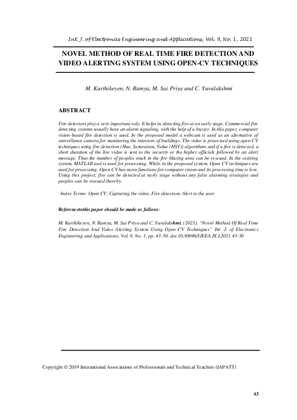 (PDF) Novel Method of Real Time Fire Detection and Video Alerting System Using Open-CV Techniques