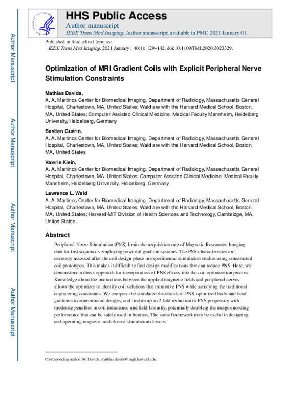 (PDF) Optimization of MRI Gradient Coils With Explicit Peripheral Nerve Stimulation Constraints