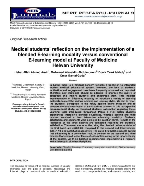 (PDF) Medical students' reflection on the implementation of a blended E-learning modality versus ...