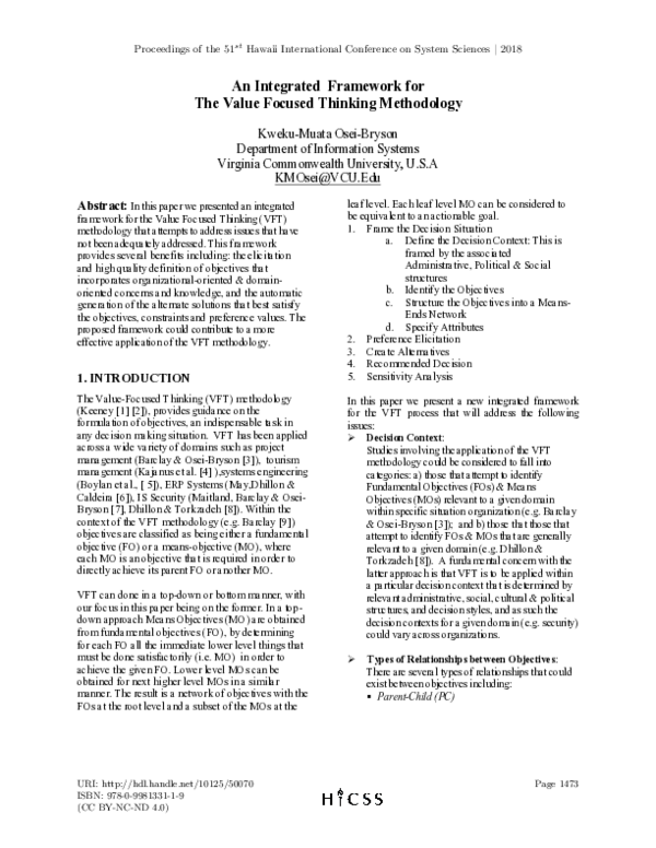(PDF) An Integrated Framework for The Value Focused Thinking Methodology