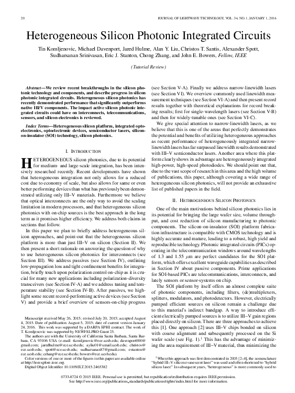 (PDF) Heterogeneous Silicon Photonic Integrated Circuits
