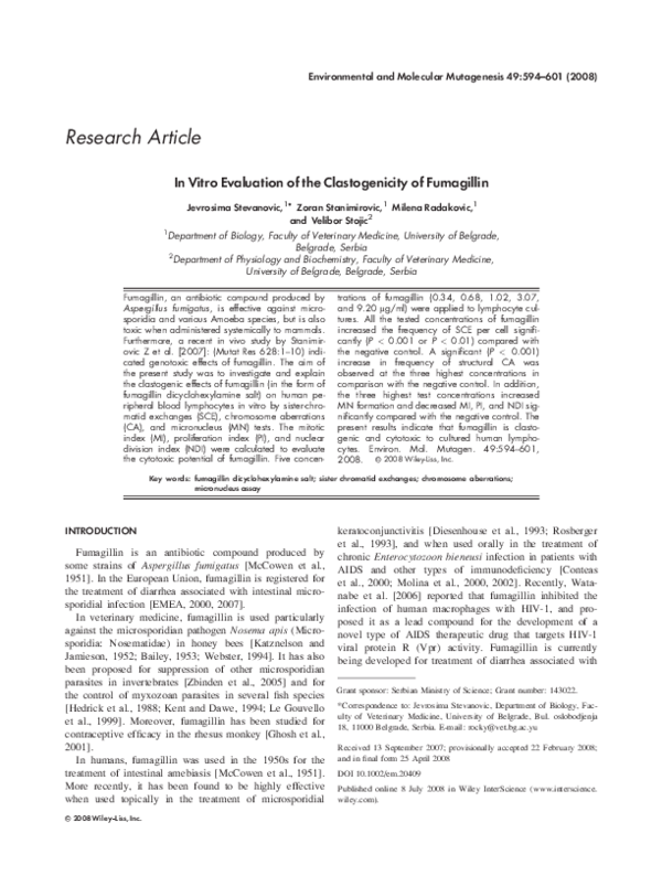 (PDF) In vitro evaluation of the clastogenicity of fumagillin