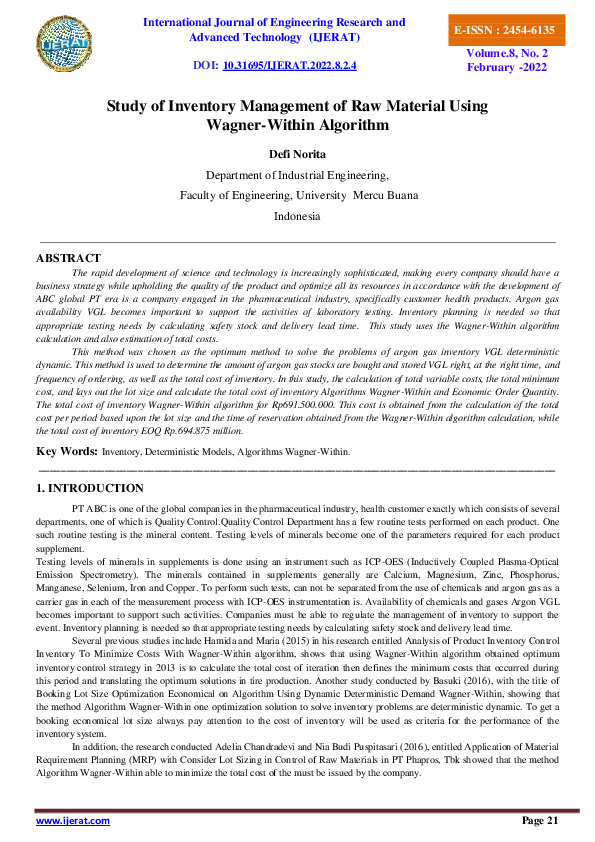 (PDF) Study of Inventory Management of Raw Material Using Wagner-Within ...