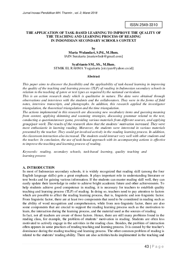 (PDF) The Application of Task-Based Learning to Improve the Quality of The Teaching and Learning ...