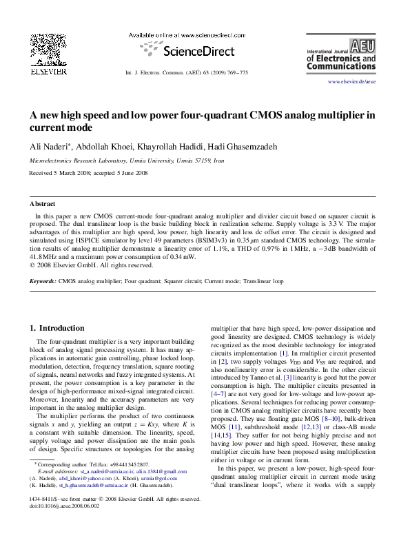 (PDF) A new high speed and low power four-quadrant CMOS analog ...