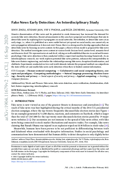 (PDF) Fake News Early Detection: An Interdisciplinary Study