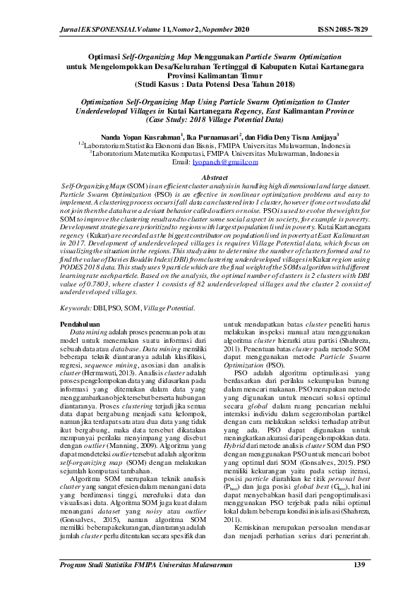 (PDF) Optimasi Self-Organizing Map Menggunakan Particle Swarm Optimization untuk Mengelompokkan ...