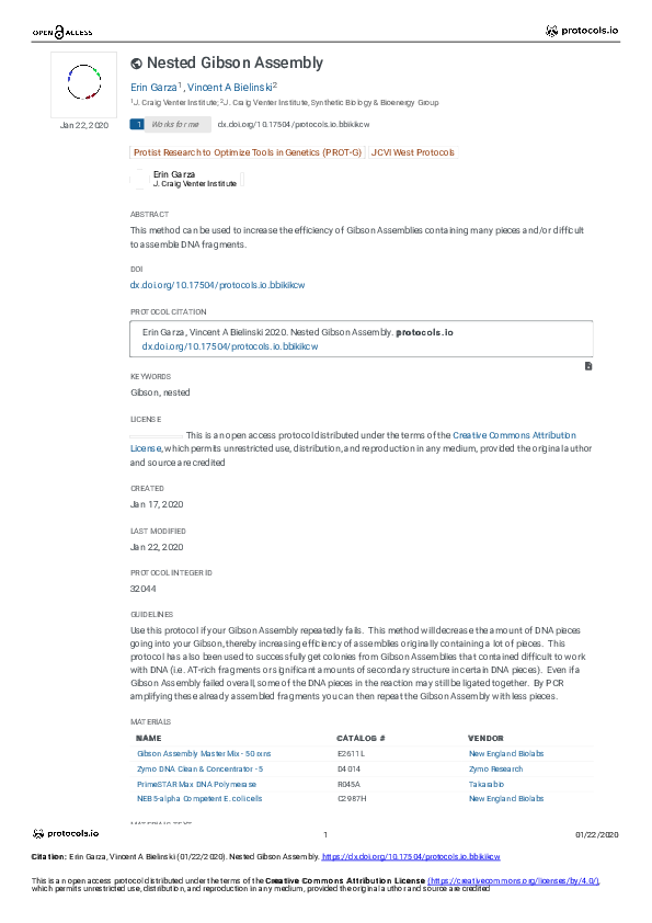 (PDF) Nested Gibson Assembly v1 (protocols.io.bbikikcw)