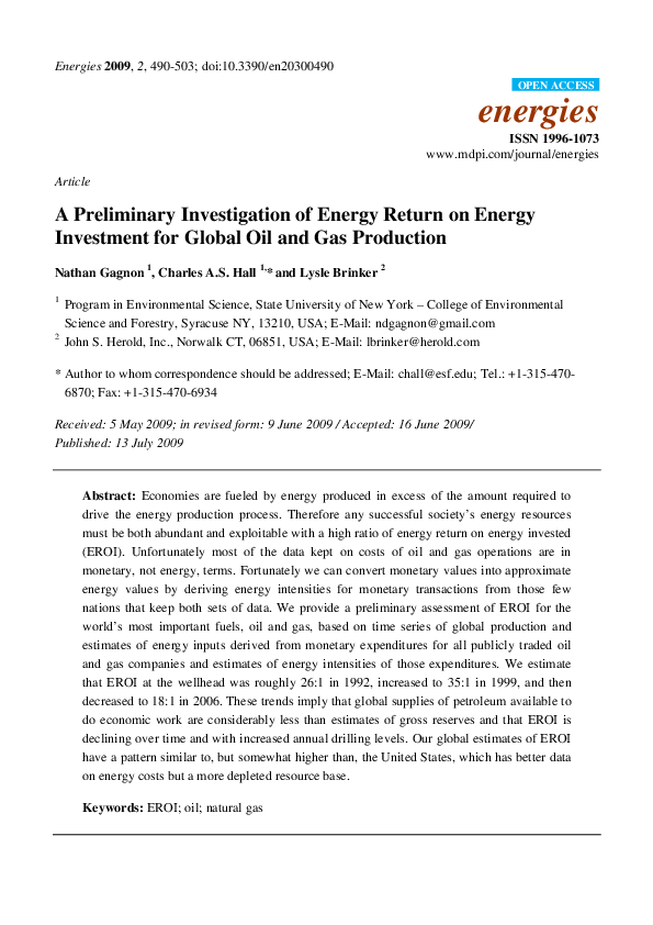 (PDF) A Preliminary Investigation of Energy Return on Energy Investment ...
