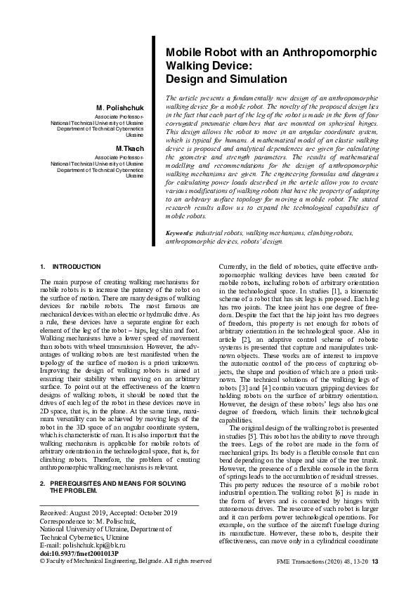 (PDF) Mobile robot with an anthropomorphic walking device: Design and simulation