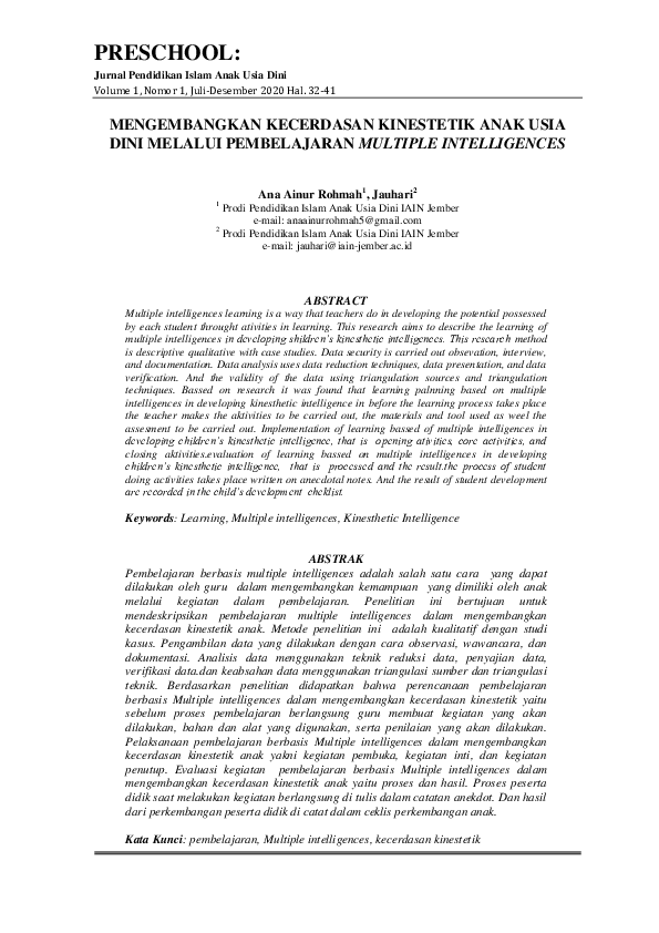 (PDF) Mengembangkan Kecerdasan Kinestetik Anak Usia Dini Melalui Pembelajaran Multiple Intelligences