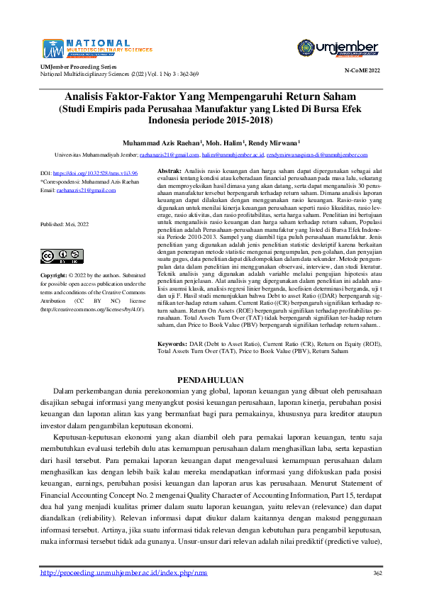 (PDF) Analisis Faktor-Faktor Yang Mempengaruhi Return Saham