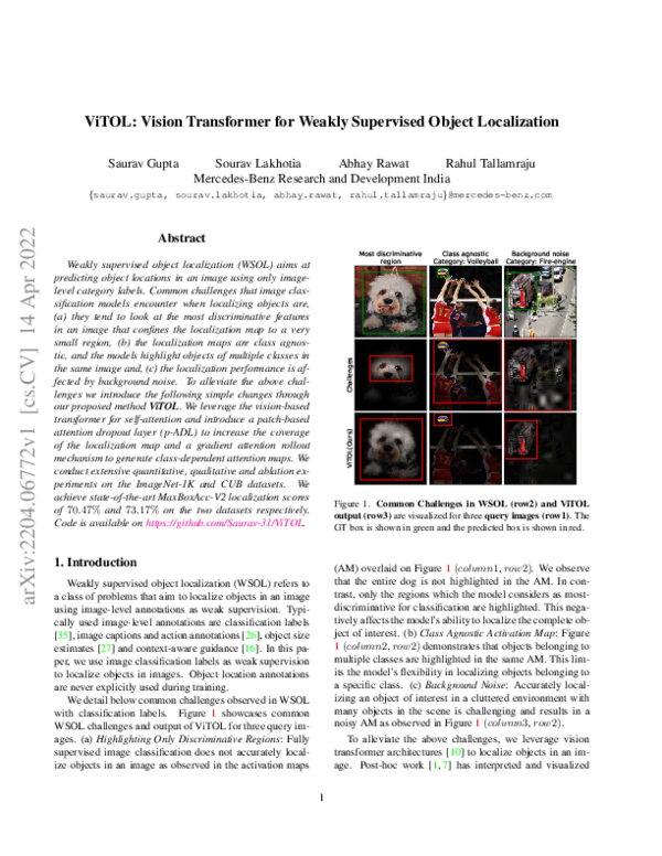 (PDF) ViTOL: Vision Transformer for Weakly Supervised Object Localization
