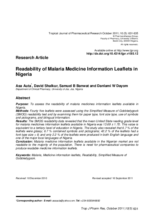 (PDF) Research Article Readability of Malaria Medicine Information ...