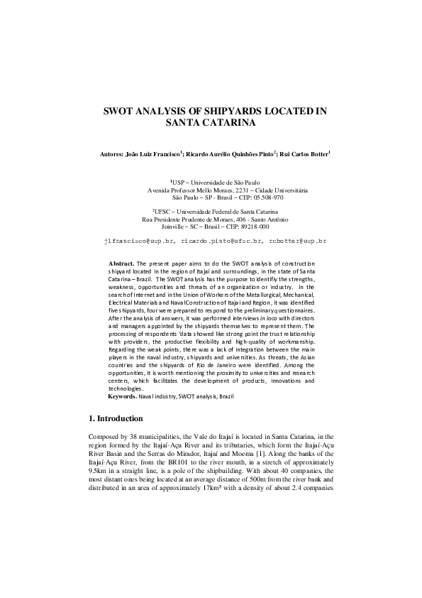 (PDF) SWOT Analysis of Shipyards Located in Santa Catarina