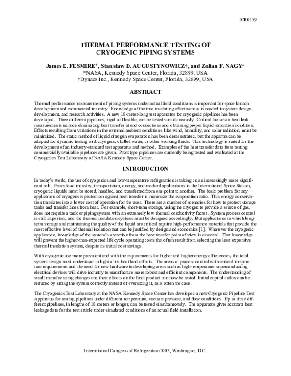 (PDF) THERMAL PERFORMANCE TESTING OF CRYOGENIC PIPING SYSTEMS