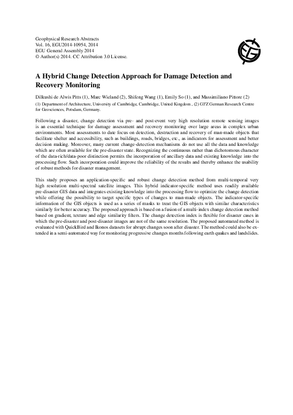 (PDF) A Hybrid Change Detection Approach for Damage Detection and Recovery Monitoring