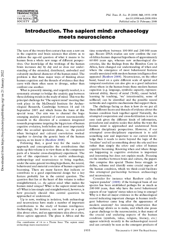(PDF) Introduction. The sapient mind: archaeology meets neuroscience