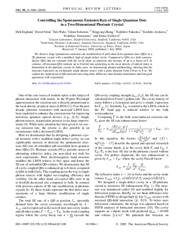 (PDF) Controlling the Spontaneous Emission Rate of Single Quantum Dots in a Two-Dimensional ...