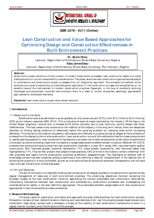 (PDF) Lean Construction and Value Based Approaches for Optimizing Design and Construction ...